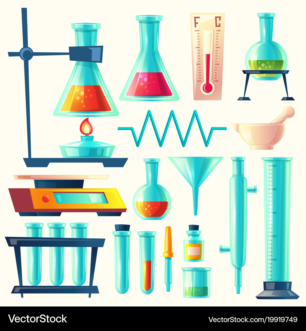 Cartoon laboratory equipment glassware set Vector Image