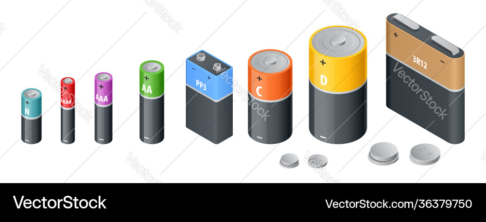 Isometric alkaline battery accumulators Royalty Free Vector