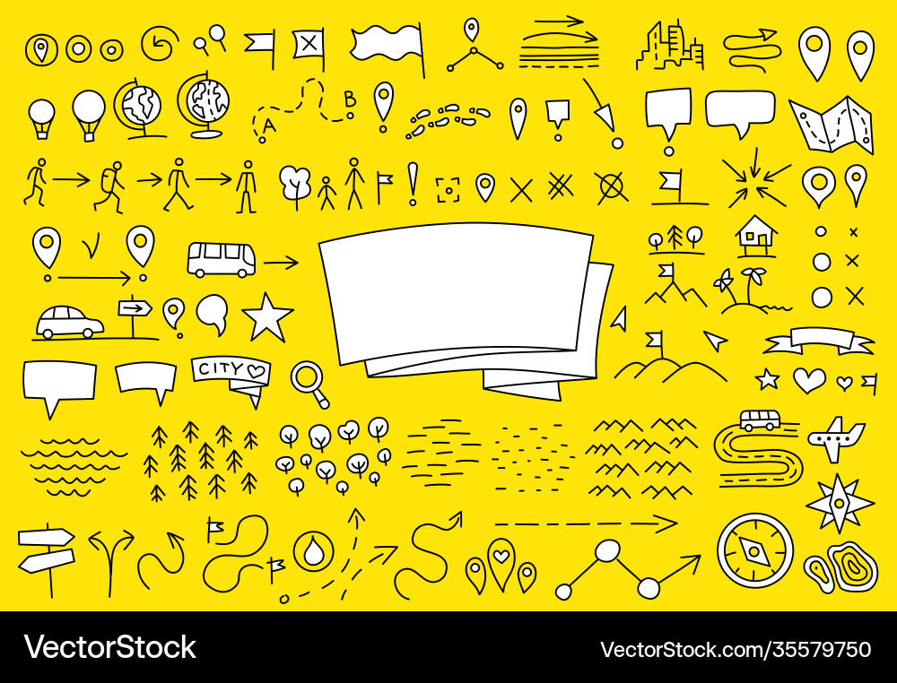 Map set yellow doodle background geographical Vector Image