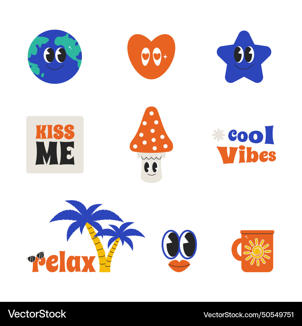 Summer character chat retro groovy mood bundle Vector Image