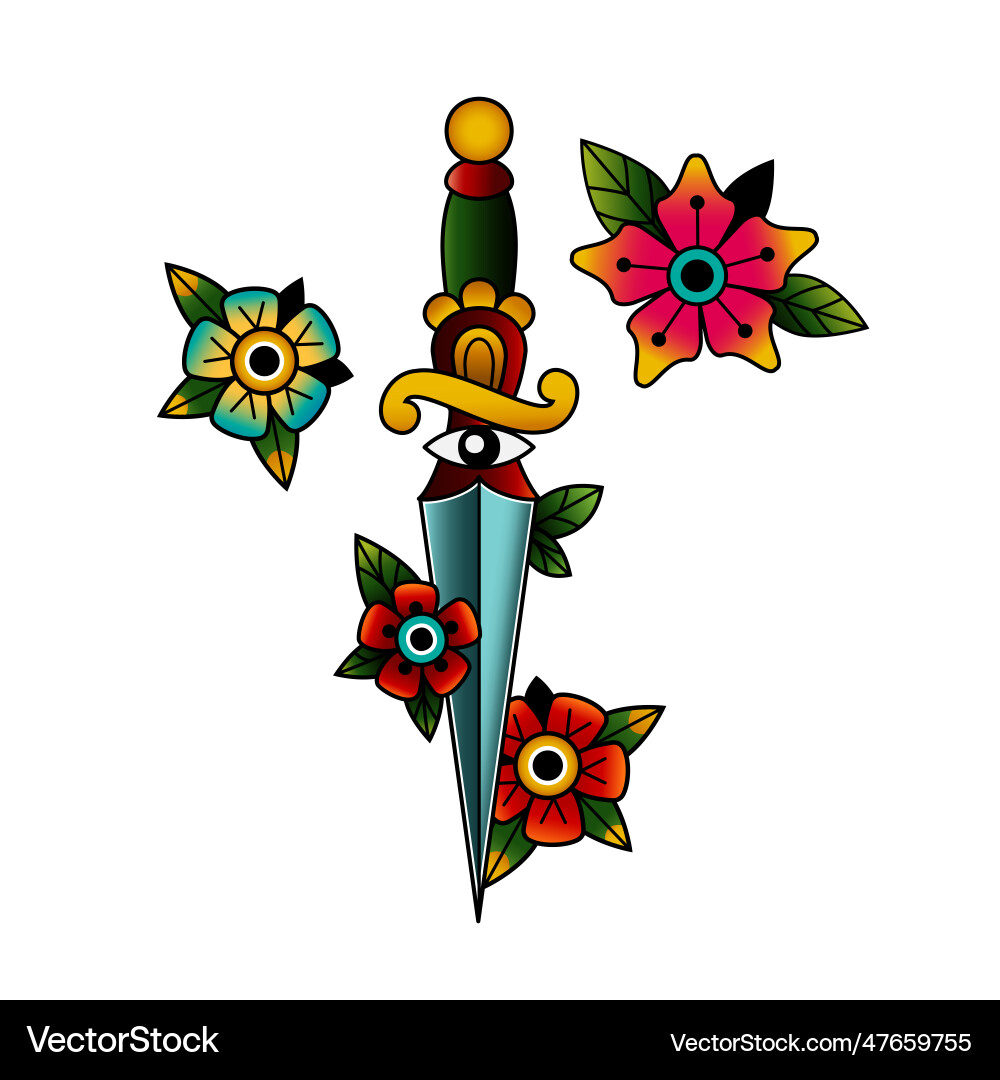 Sword tattoo old school dagger flowers Royalty Free Vector
