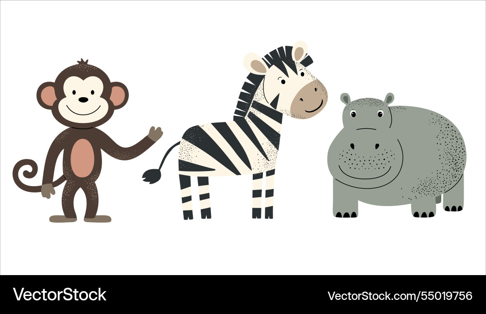Wild jungle animals monkey zebra hippopotamus Vector Image