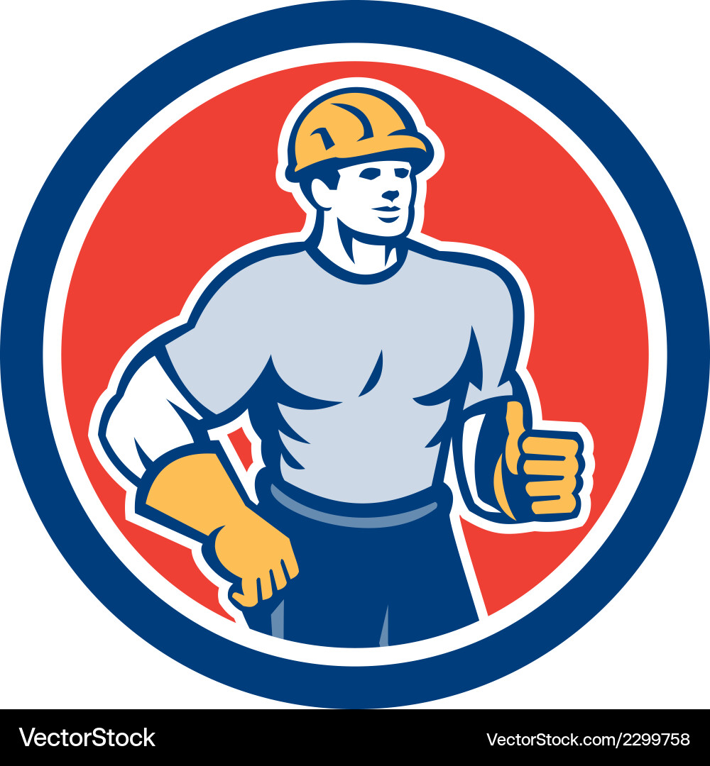 Construction worker thumbs up circle retro Vector Image