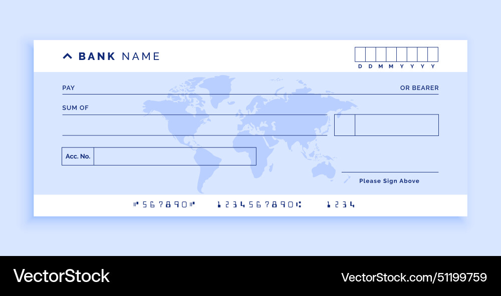 Blank bank cheque paper mockup with worldmap Vector Image