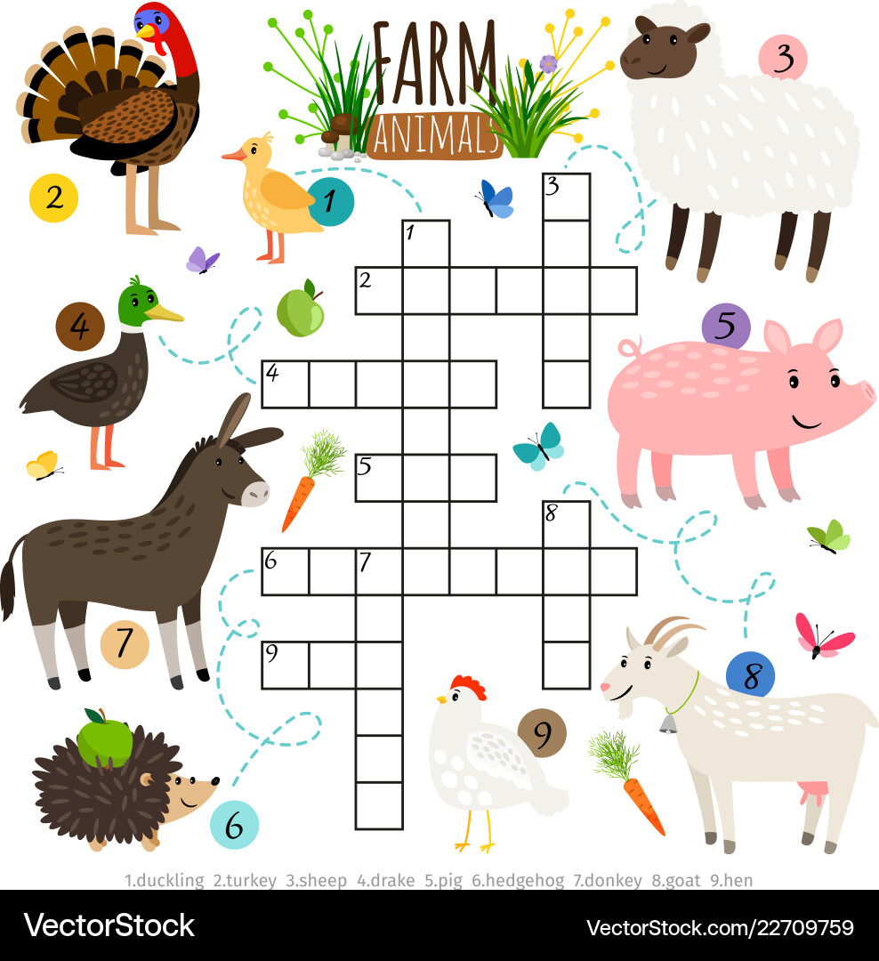 Farm Animals Crossword Puzzle for Kids Royalty Free Vector