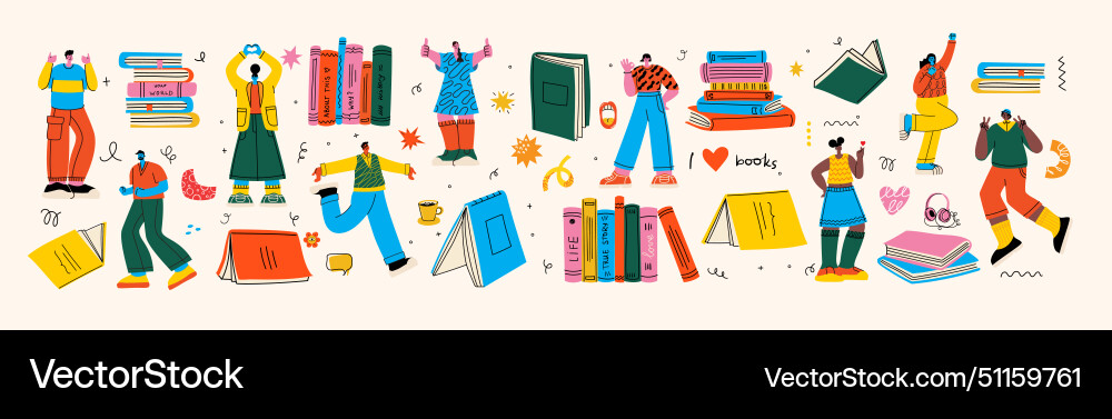 Book concepts set happy readers reading books Vector Image