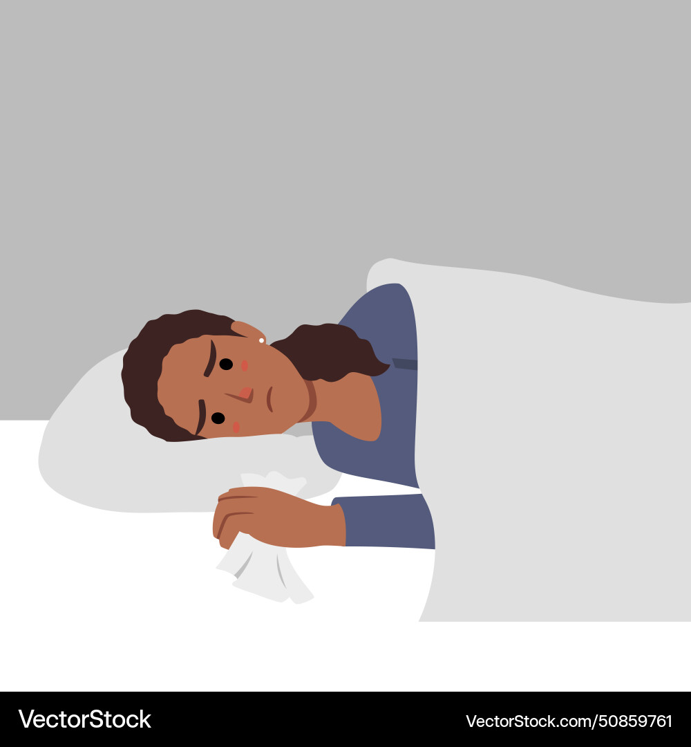 Flu woman lying in bed under blanket Royalty Free Vector