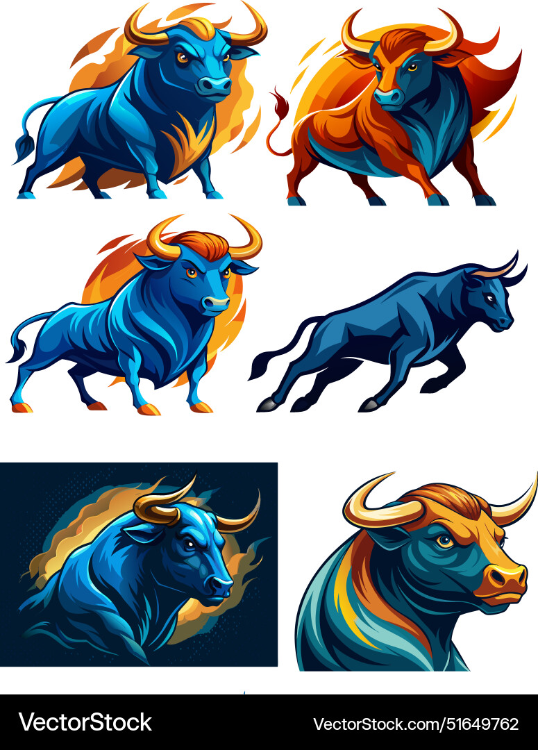 Six bulls with different poses colors Royalty Free Vector