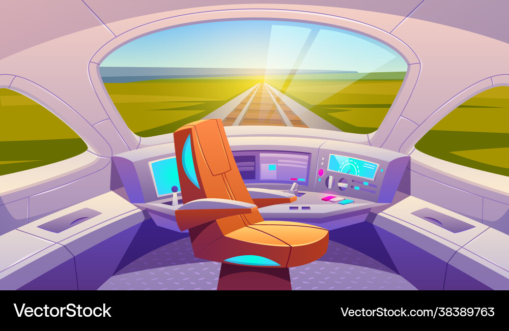 Train cockpit with control panel and armchair Vector Image