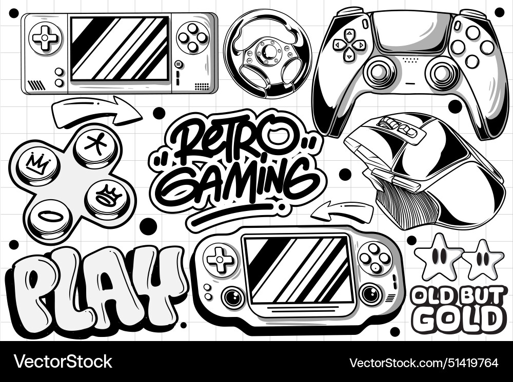 Gaming retro set of objects classic Royalty Free Vector
