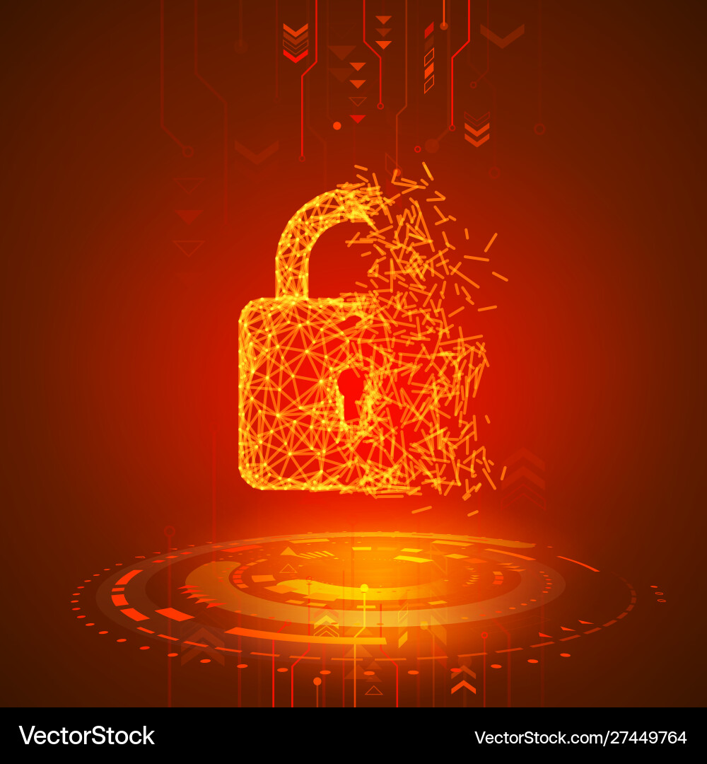 Hacking program or network broken padlock on red Vector Image