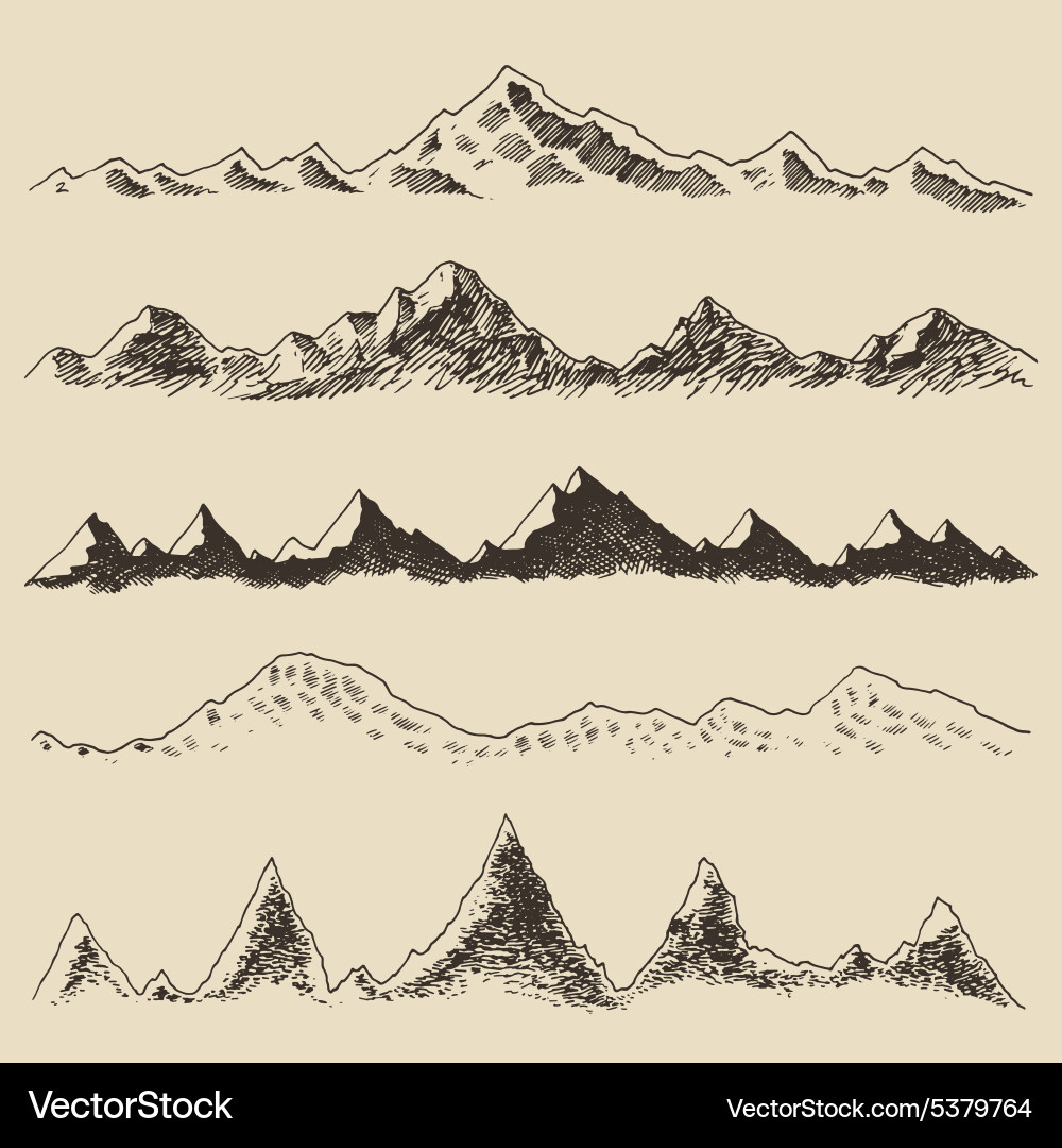 Mountains set contours engraving hand draw Vector Image