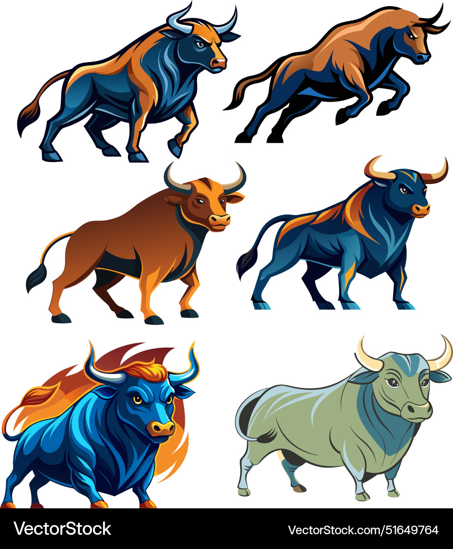Six Bulls in Dynamic Poses Royalty Free Vector Image