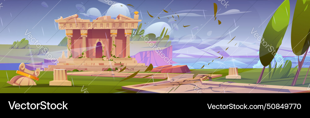 Broken abandoned ancient greek temple under rain Vector Image