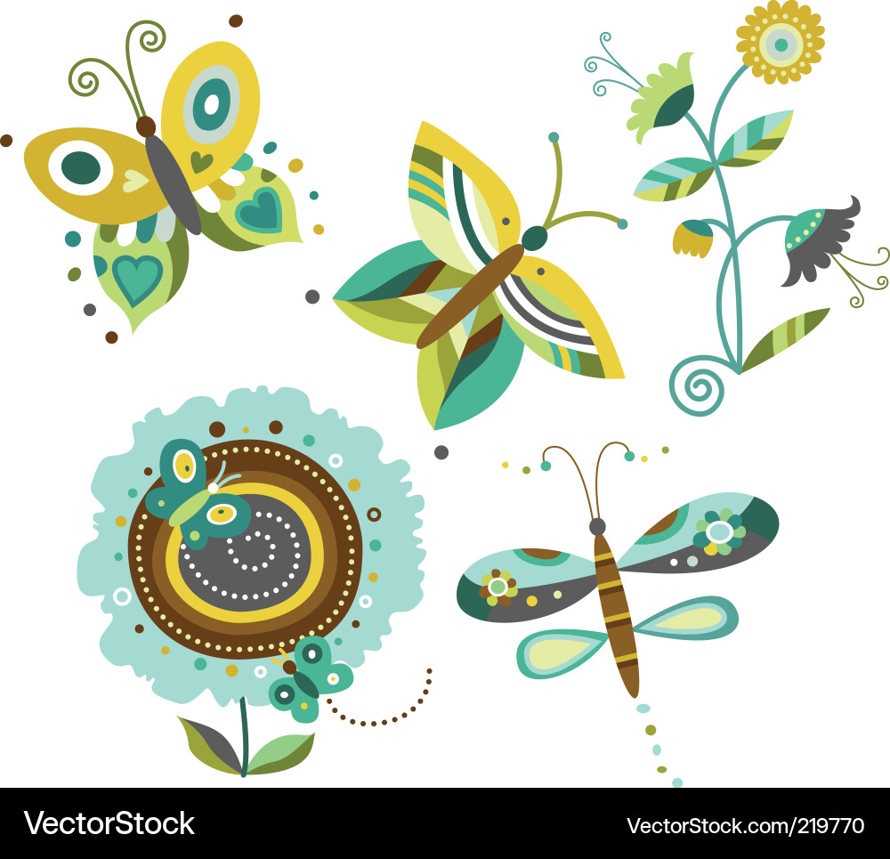 Floral Butterflies and Dragonfly Royalty Free Vector Image