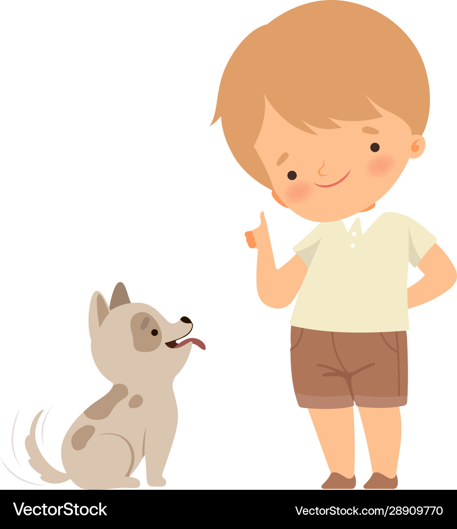 Little boy teaching his dog some tricks isolated Vector Image