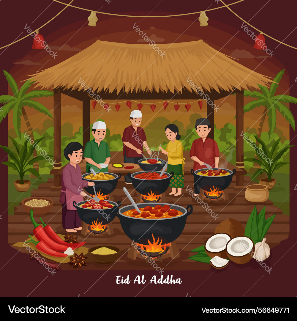 People preparing food in outdoor kitchen setting Vector Image