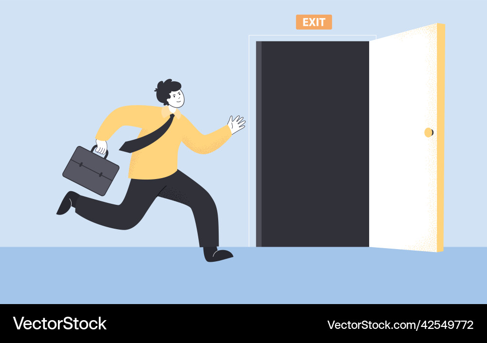 Cartoon office worker escaping through open door Vector Image