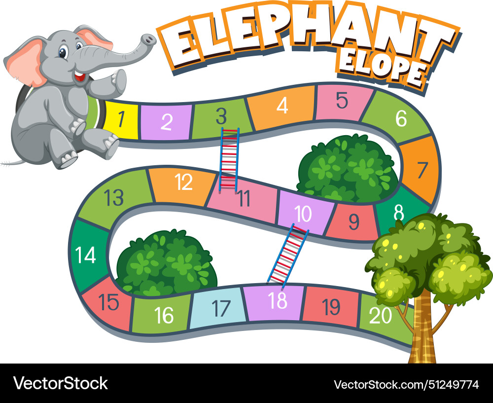 Colorful board game path with playful elephant Vector Image