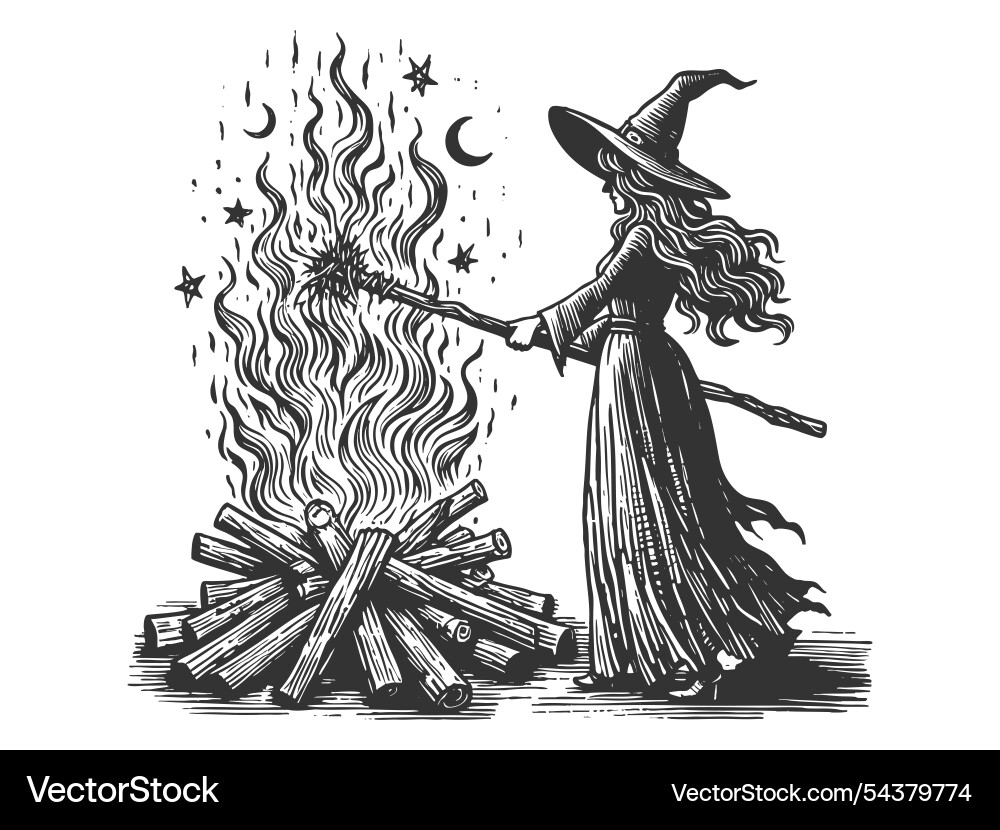 Witch performing ritual by bonfire Royalty Free Vector Image