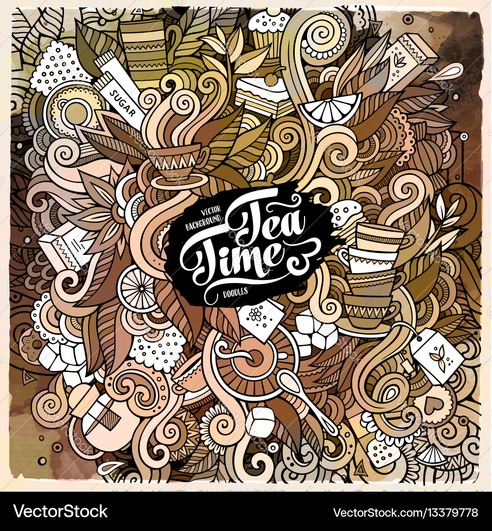 Cartoon cute doodles tea time Royalty Free Vector Image