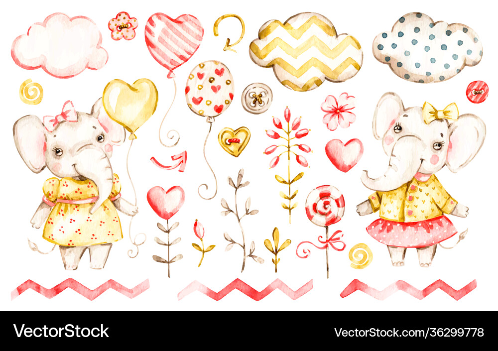 Cute elephant baby girl watercolor nursery Vector Image