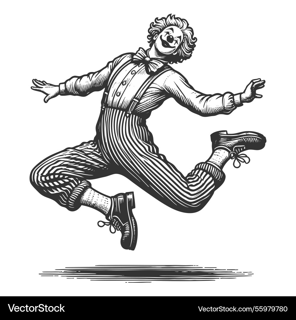Clown jumping with joy engraving Royalty Free Vector Image