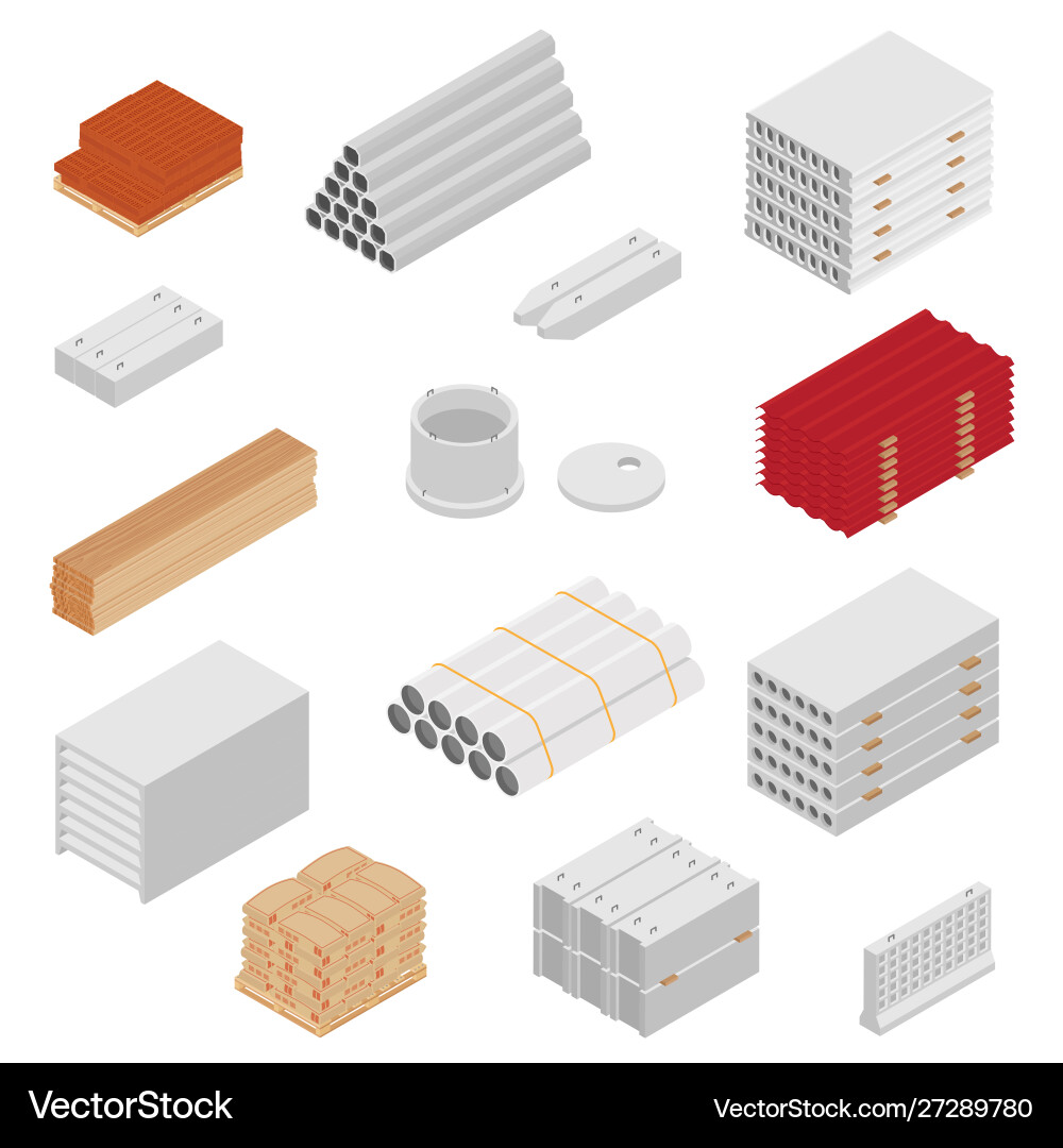 Construction Materials Icon Set - Isometric Vector Image
