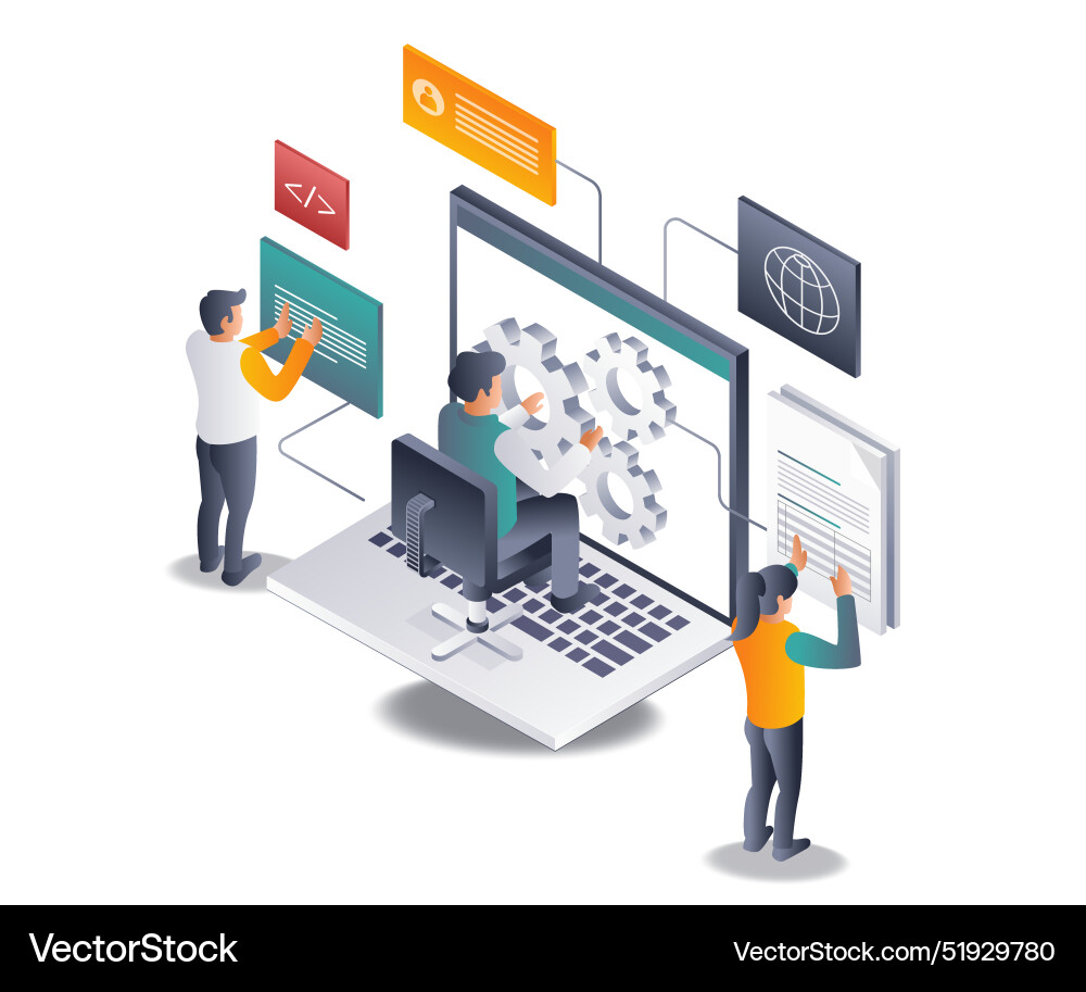 Team working with computer technology systems Vector Image