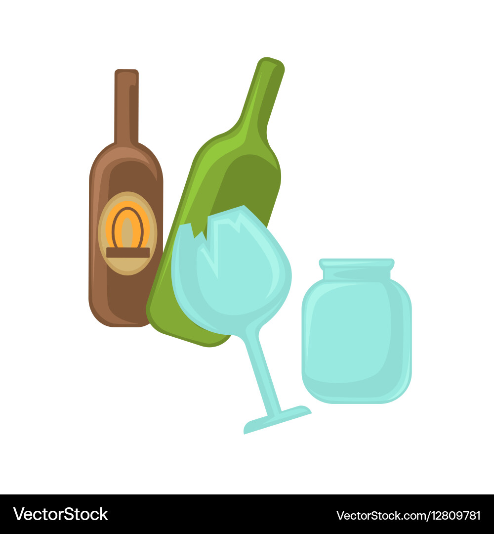 Broken glass jar and green bottle Royalty Free Vector Image