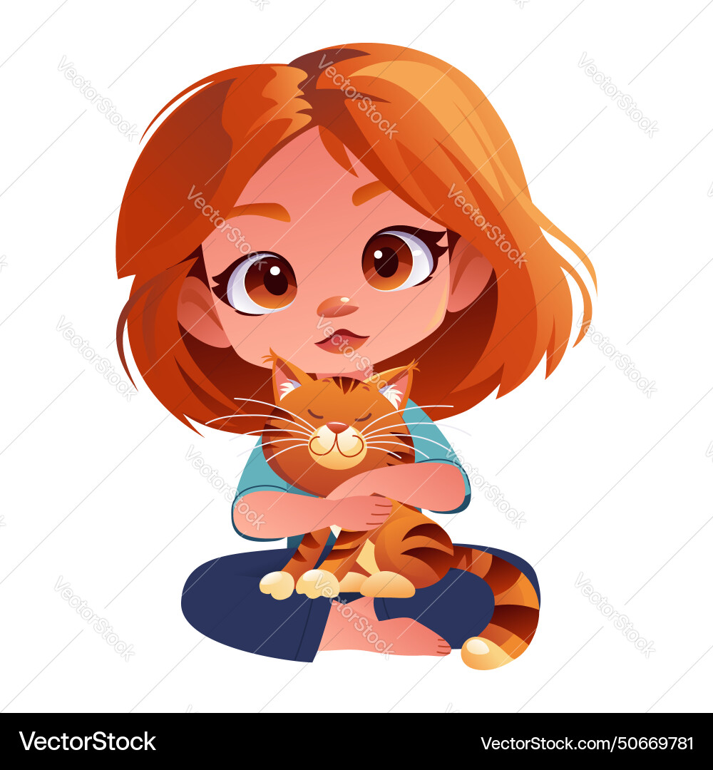 Sad girl and cat Royalty Free Vector Image - VectorStock