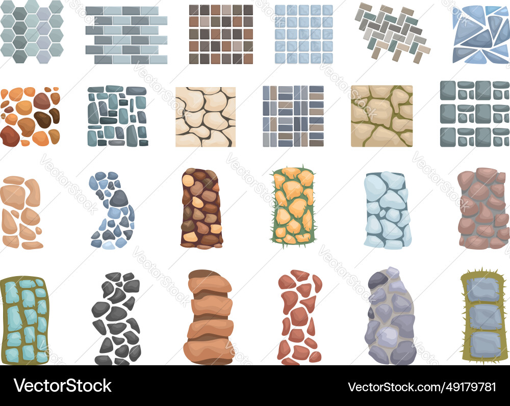 Stone footpath icons set cartoon path road Vector Image