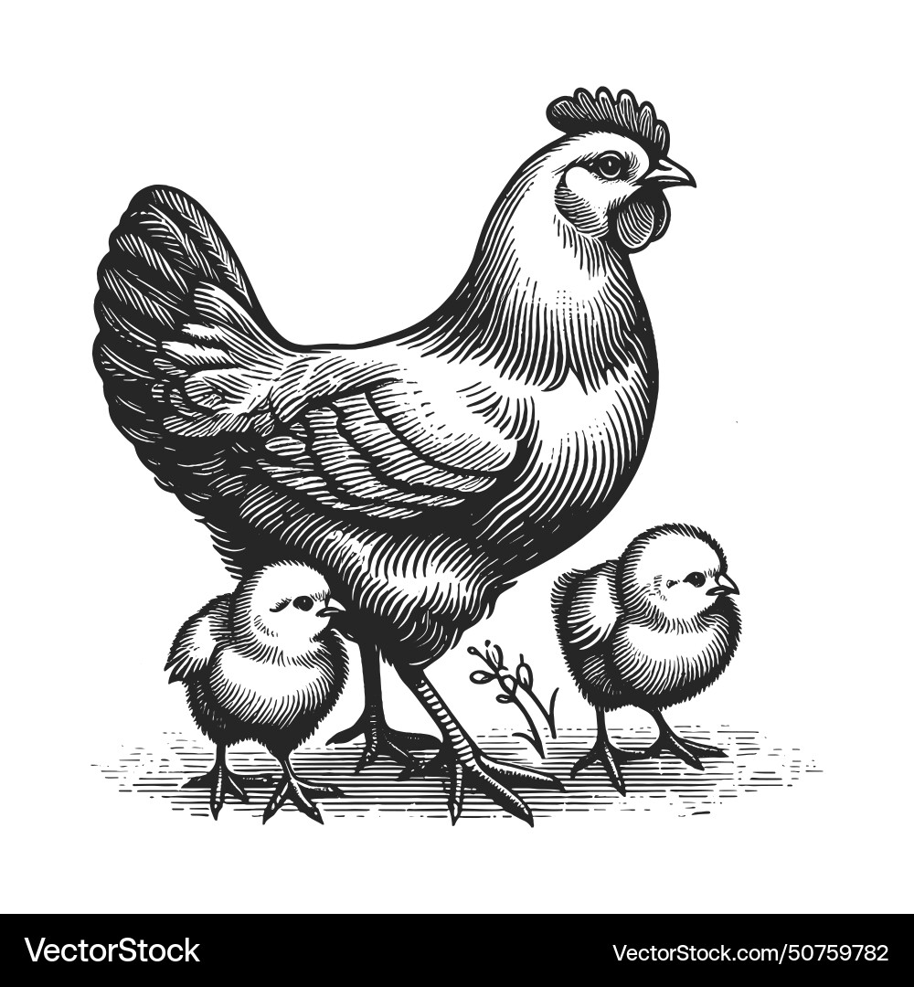 Hen and chicks vintage farm engraving Royalty Free Vector