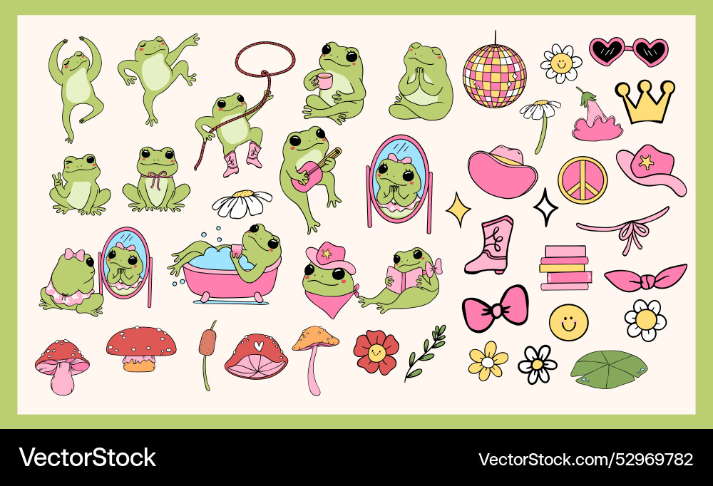 Retro frogs self love element clipart set groovy Vector Image