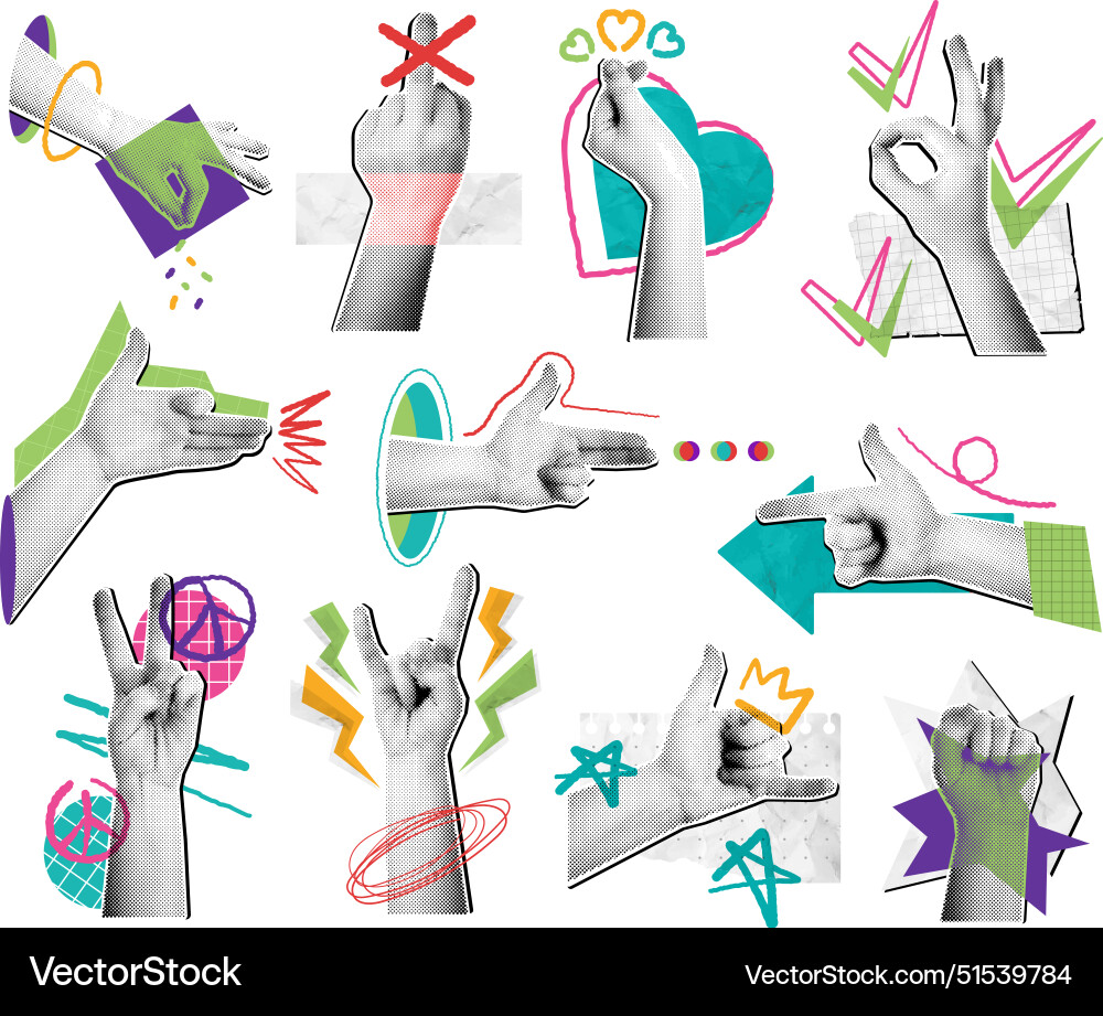 Halftone hand gestures collage mixed media hands Vector Image