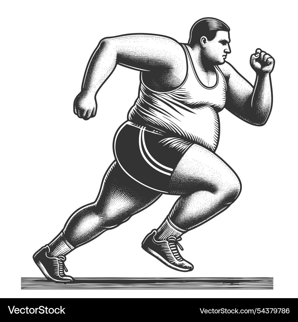 Overweight runner in motion engraving Royalty Free Vector