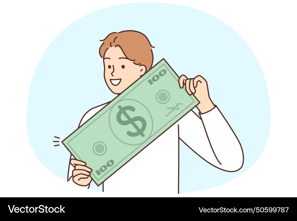 Smiling man with huge dollar bill Royalty Free Vector Image