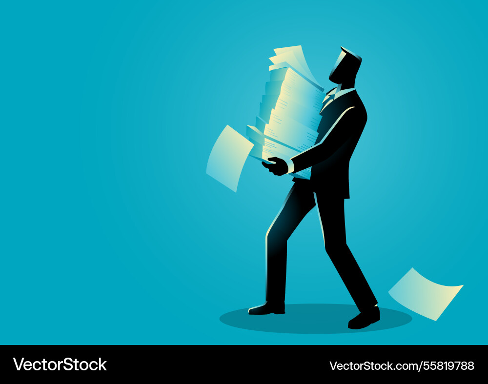 Businessman silhouette heavy paperwork Royalty Free Vector