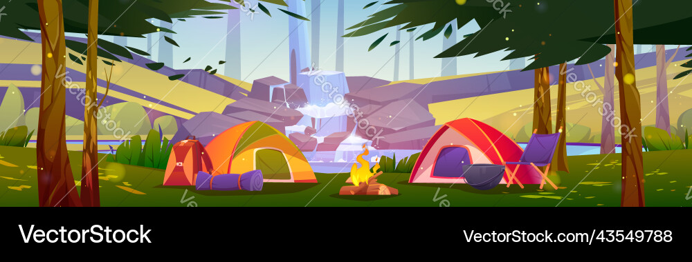 Camping tents with campfire at waterfall cascade Vector Image