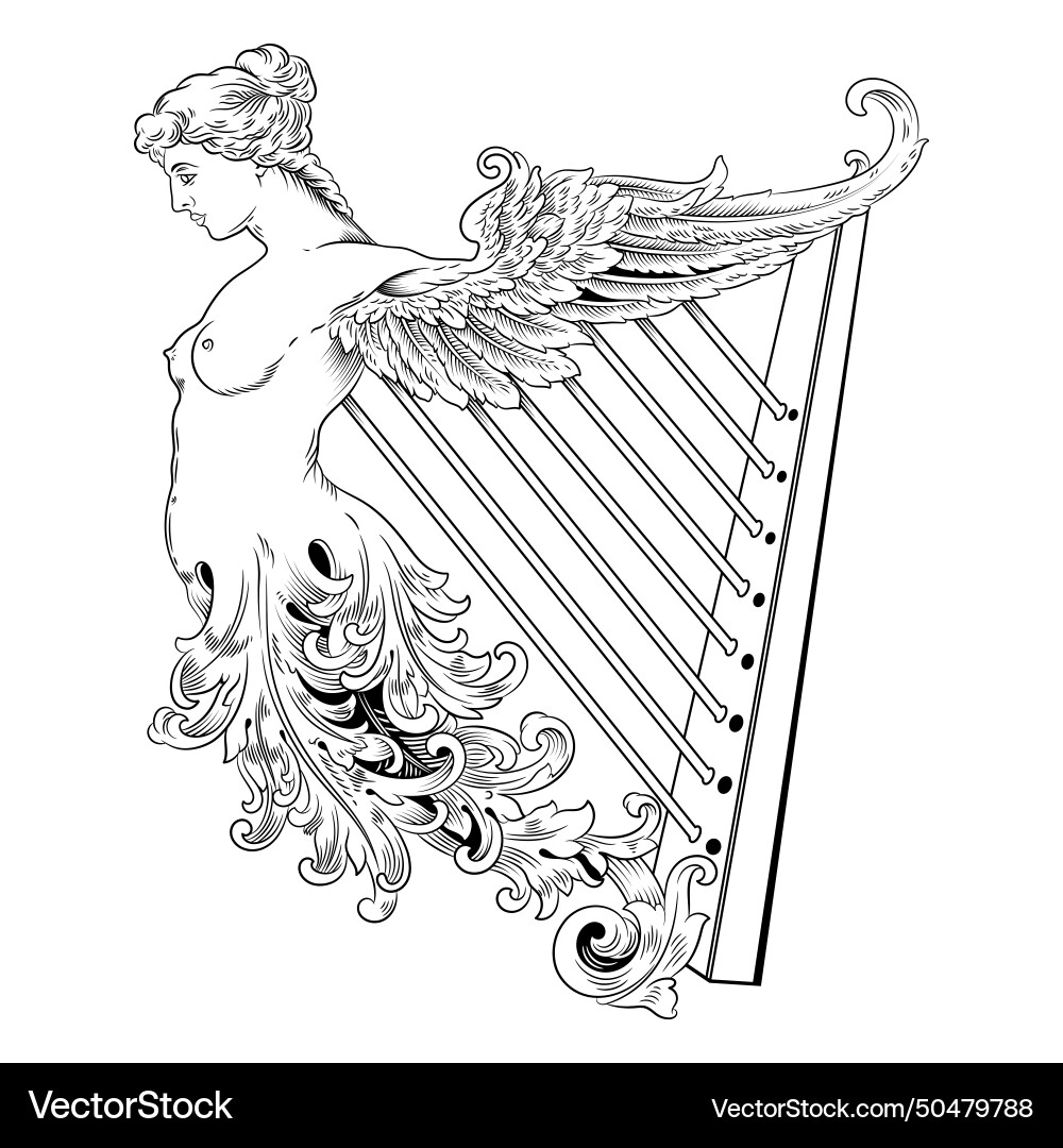 Celtic Harp with Winged Figure Royalty Free Vector Image