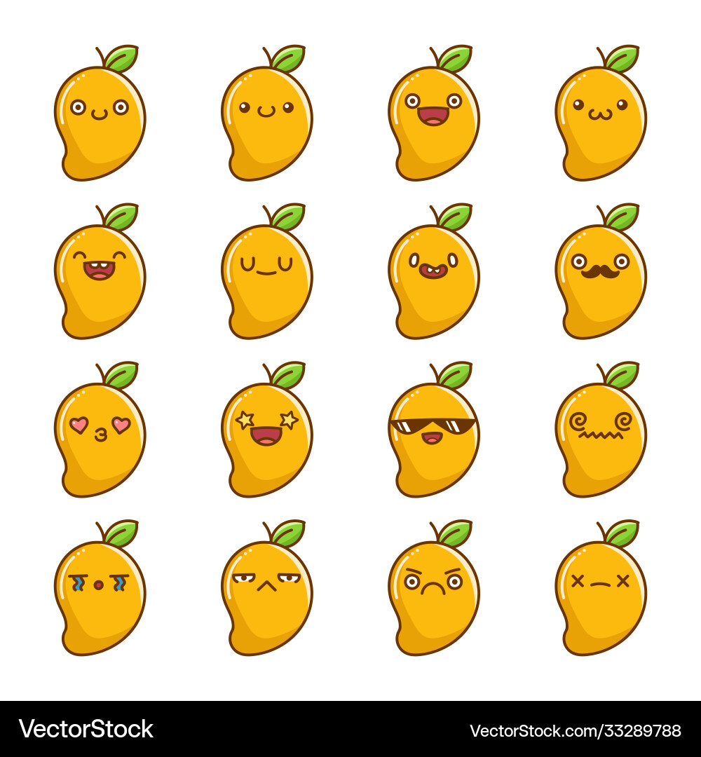 Set fun kawaii tropical mango fruit icon Vector Image
