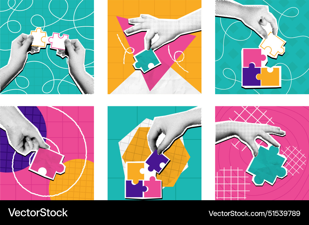 Halftone puzzle collage mixed media hands holding Vector Image