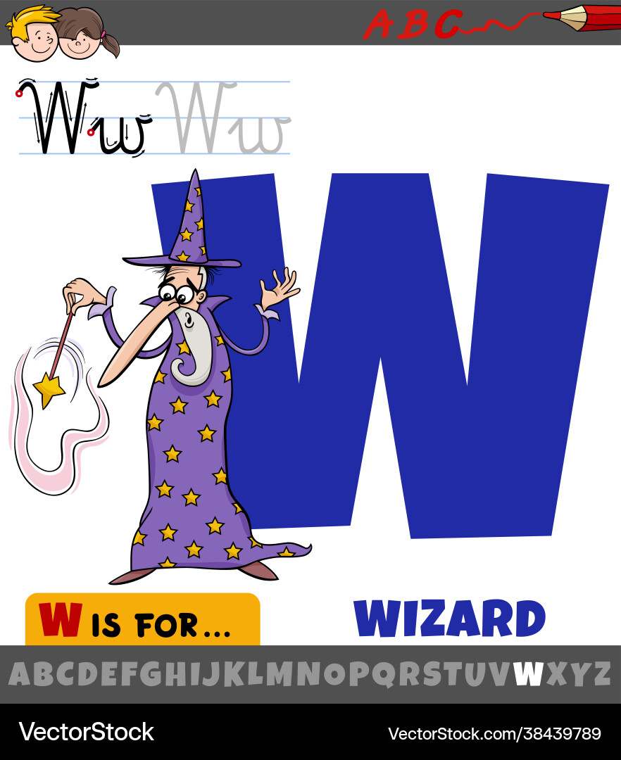 Letter w from alphabet with cartoon wizard Vector Image