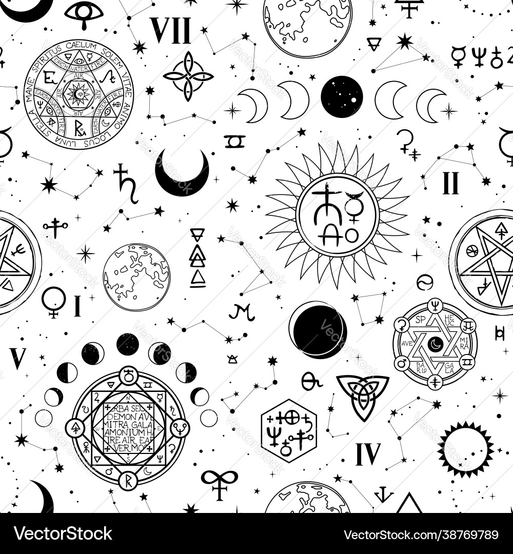 Seamless pattern with alchemical and space Vector Image