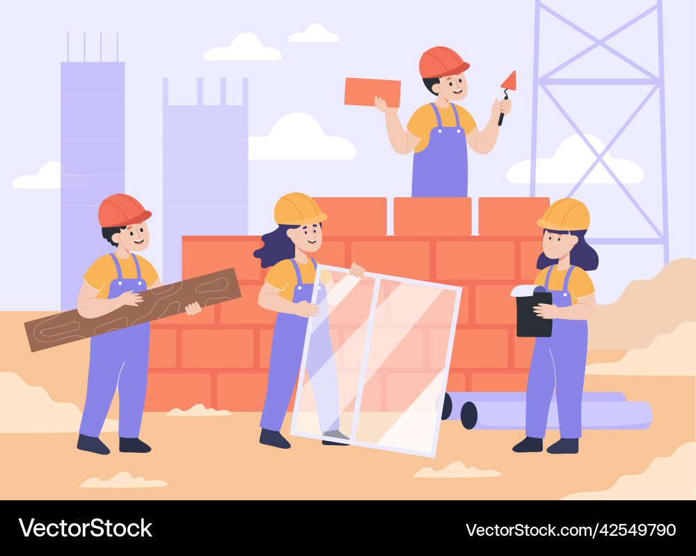Children as construction workers building wall Vector Image