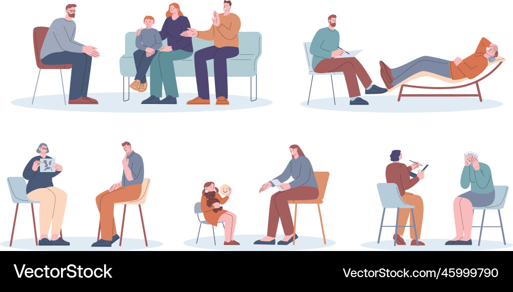Psychotherapy scenes with psychologist Royalty Free Vector