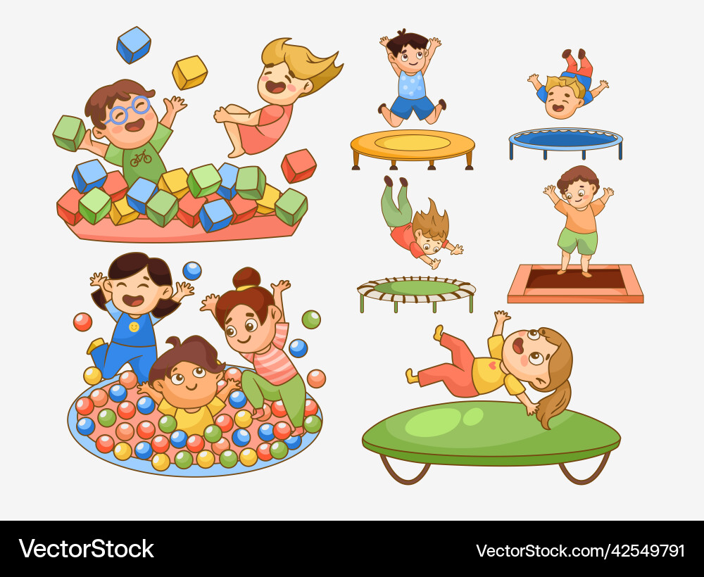 Children jumping on trampoline cartoon set Vector Image