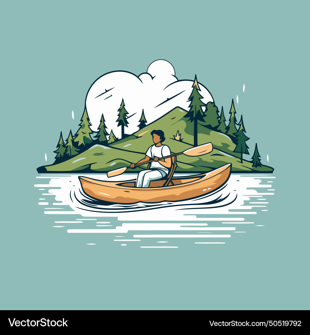 Man rowing in a canoe on the lake Royalty Free Vector Image