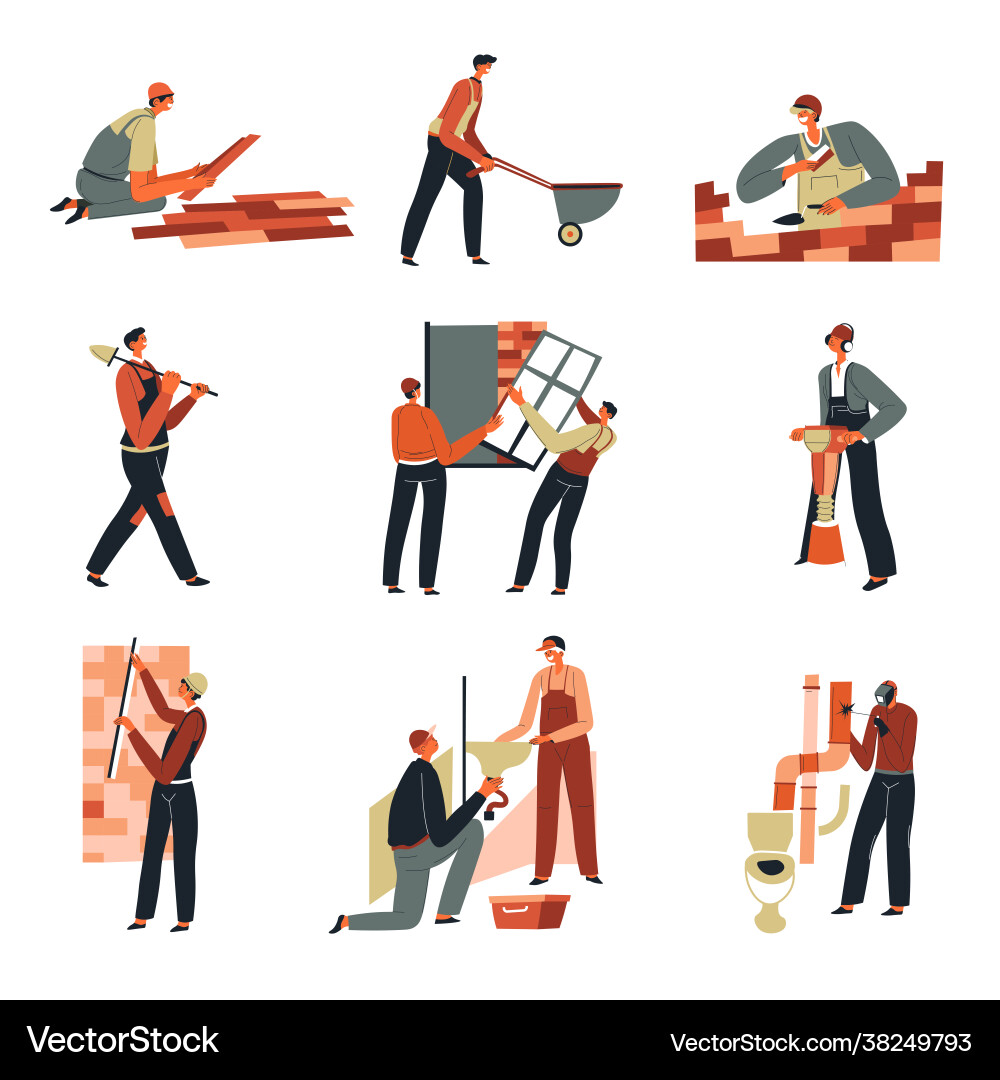 Builders on building site construction works Vector Image