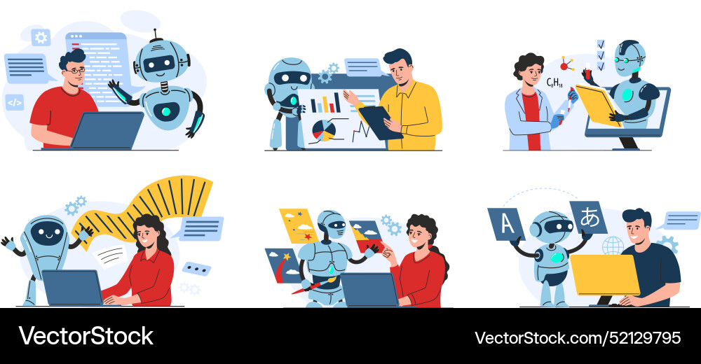 Ai work assistant bots helps people Royalty Free Vector